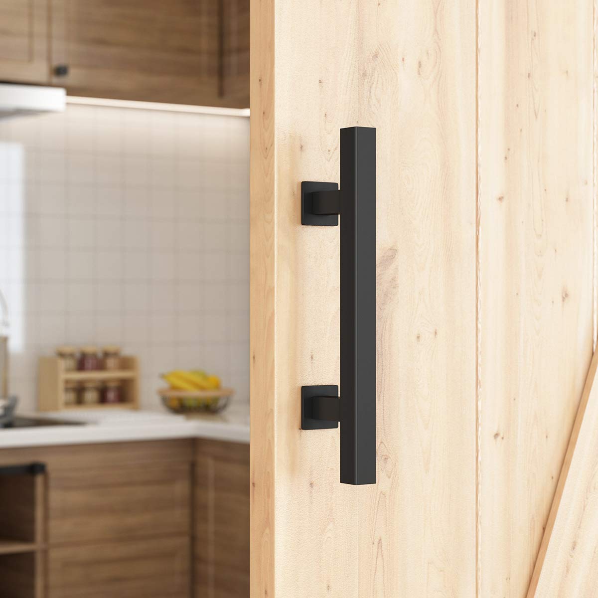 SMARTSTANDARD 10" Heavy Duty Sliding Barn Door Handle, Pull and Flush Set for Gate Kitchen Furniture Cabinet Closet Drawer, Black, Square