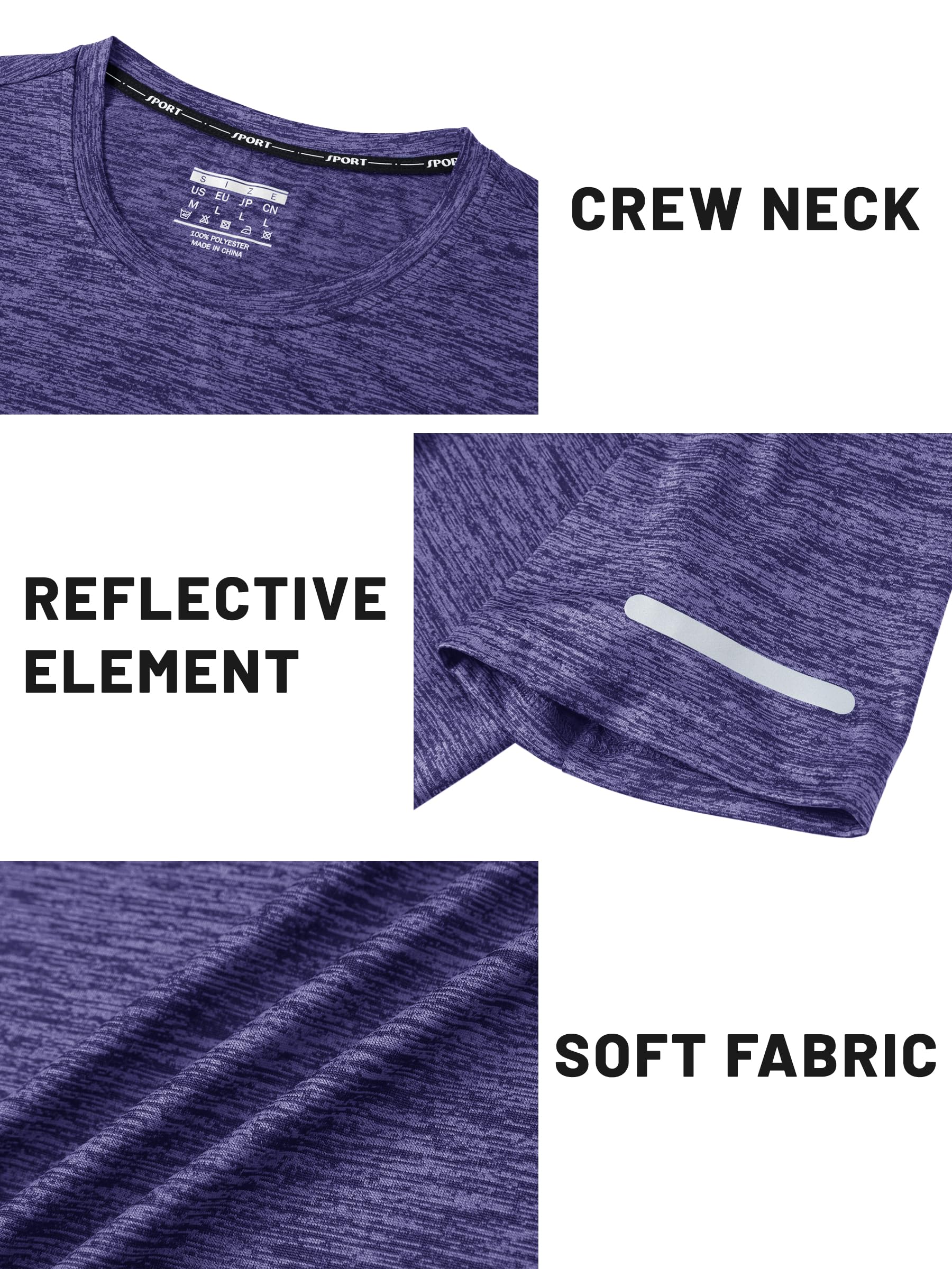 TACVASEN Purple Athletic Shirts for Men - Short Sleeve Dry Fit Workout Running Gym Quick Dry Polyester Shirts