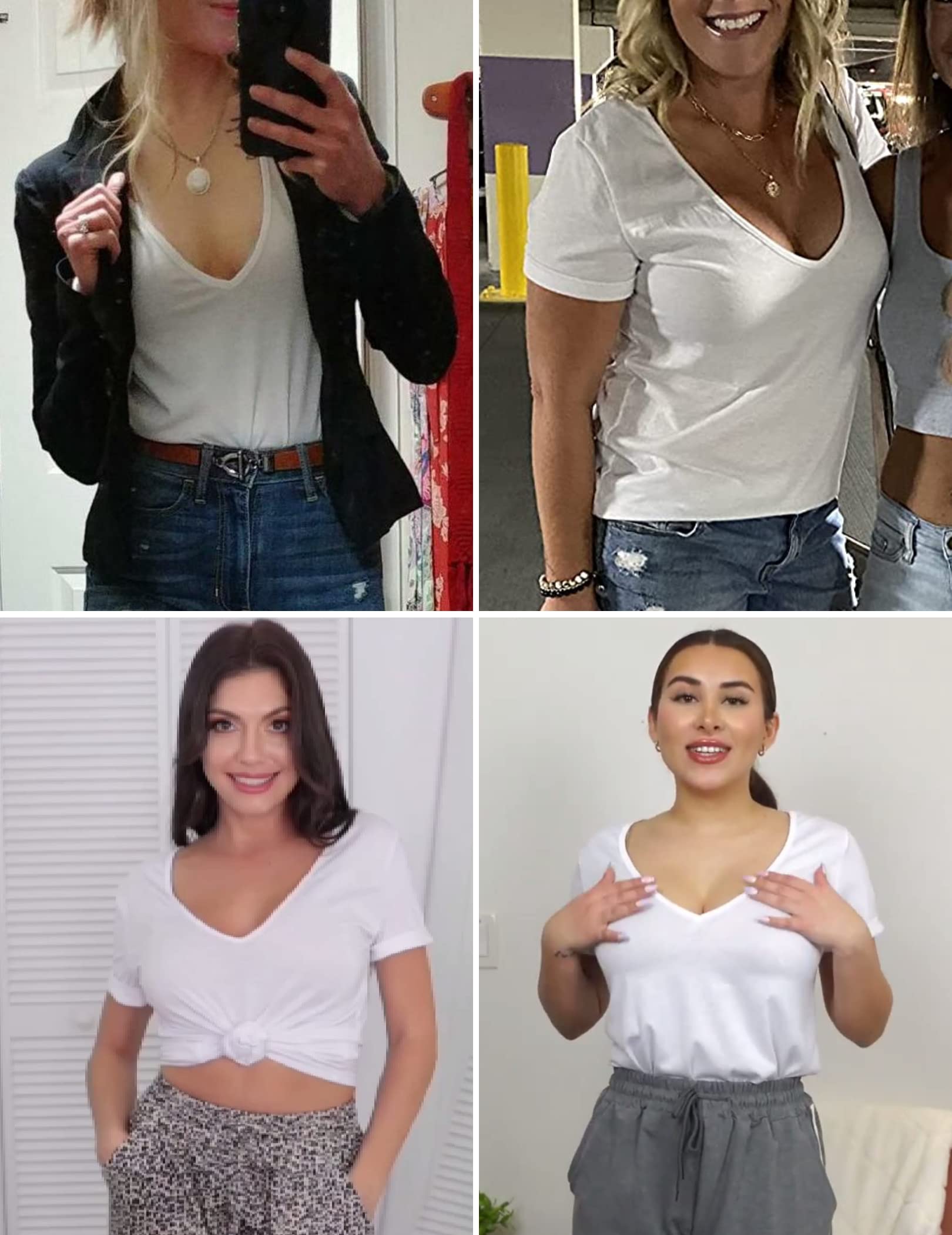 GEESENSS Women Deep V Neck Shirts Short Sleeve Sexy Low Cut Tops for Women White Medium