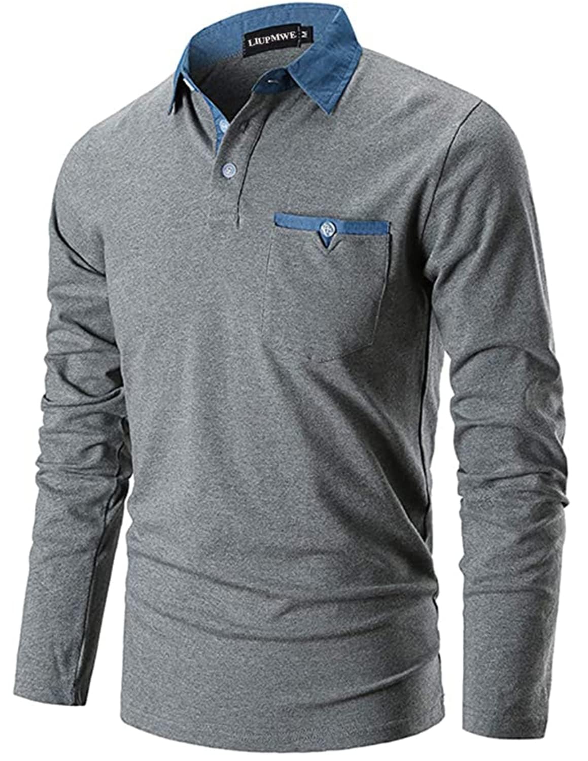 LIUPMWE Long Sleeve Polo Shirts for Men with Pocket Denim Collar Soft Cotton Shirts Golf T-Shirt