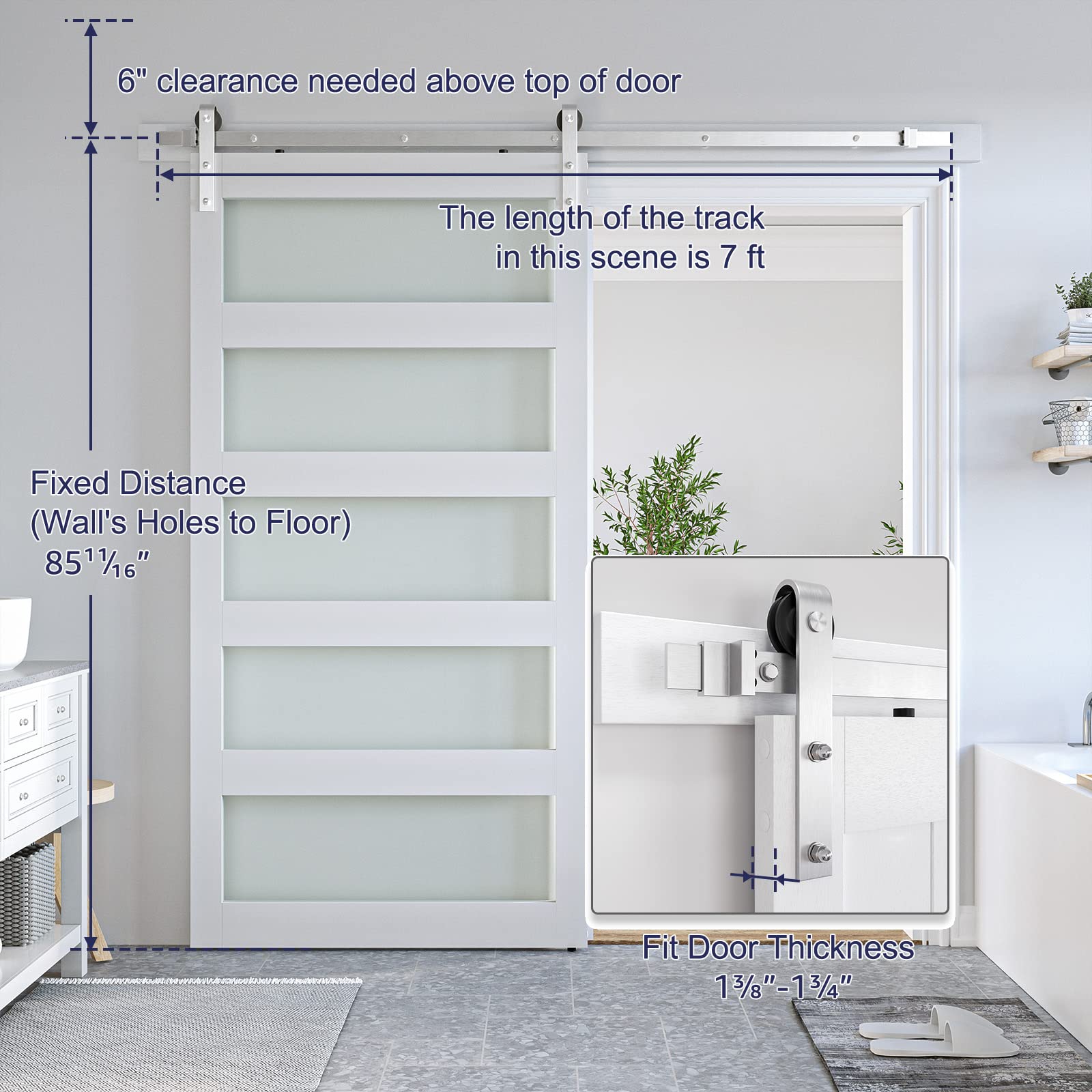 SmartStandard 42 x 84 inch Glass Barn Door with 7FT Brushed Nickel Sliding Hardware Track Kit, Waterproof PVC Coating, White, 5-Panel Glass