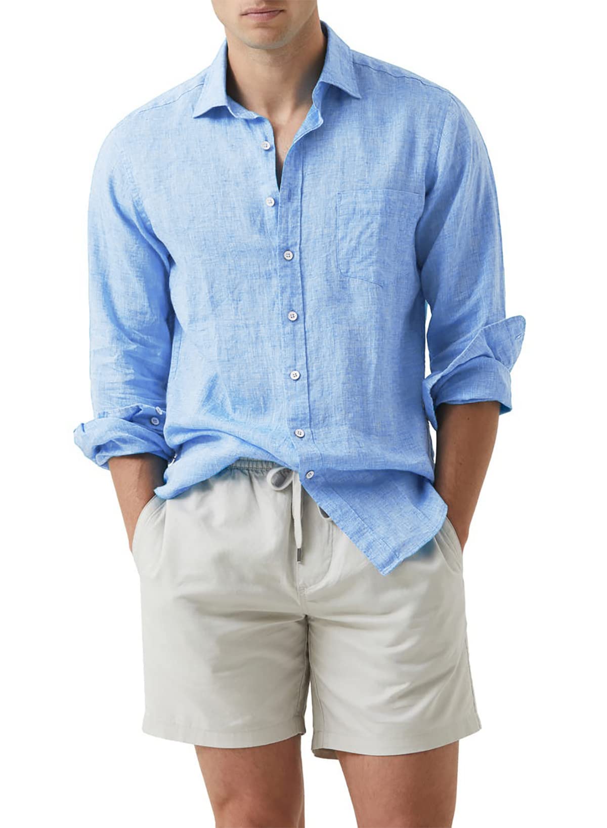 JMIERR Men's Cotton Linen Casual Stylish Button Down Shirt Long Sleeve Business Dress Shirts Fashion Summer Beach Shirts for Men Old Money Resort Wear with Pocket, US 43(L), Sky Blue