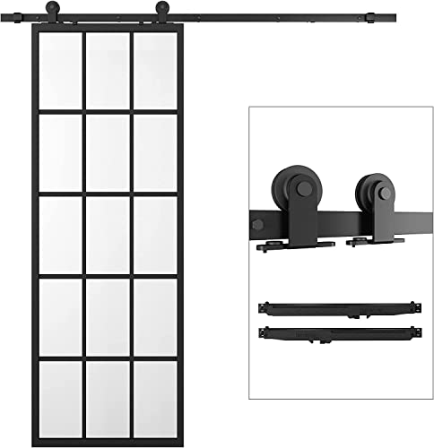 BARNSMITH 30in x 84in Frosted Glass Barn Door with 6FT Top Mounted Hardware kit Include Soft Close Mechanism DIY 15 Lites Modern Aluminum Frame Glass Sliding Barn Door Disassembled Easy Installation
