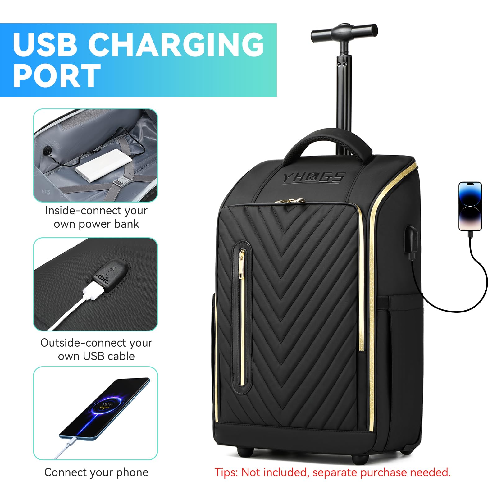 GOTECH Rolling Backpack, Waterproof Backpack with Wheels for Business Commuter, Carry on Backpack with Laptop Compartment, Fit 15.6/18 Inch Laptop, Wheeled Backpack for Adults (Gold Black)
