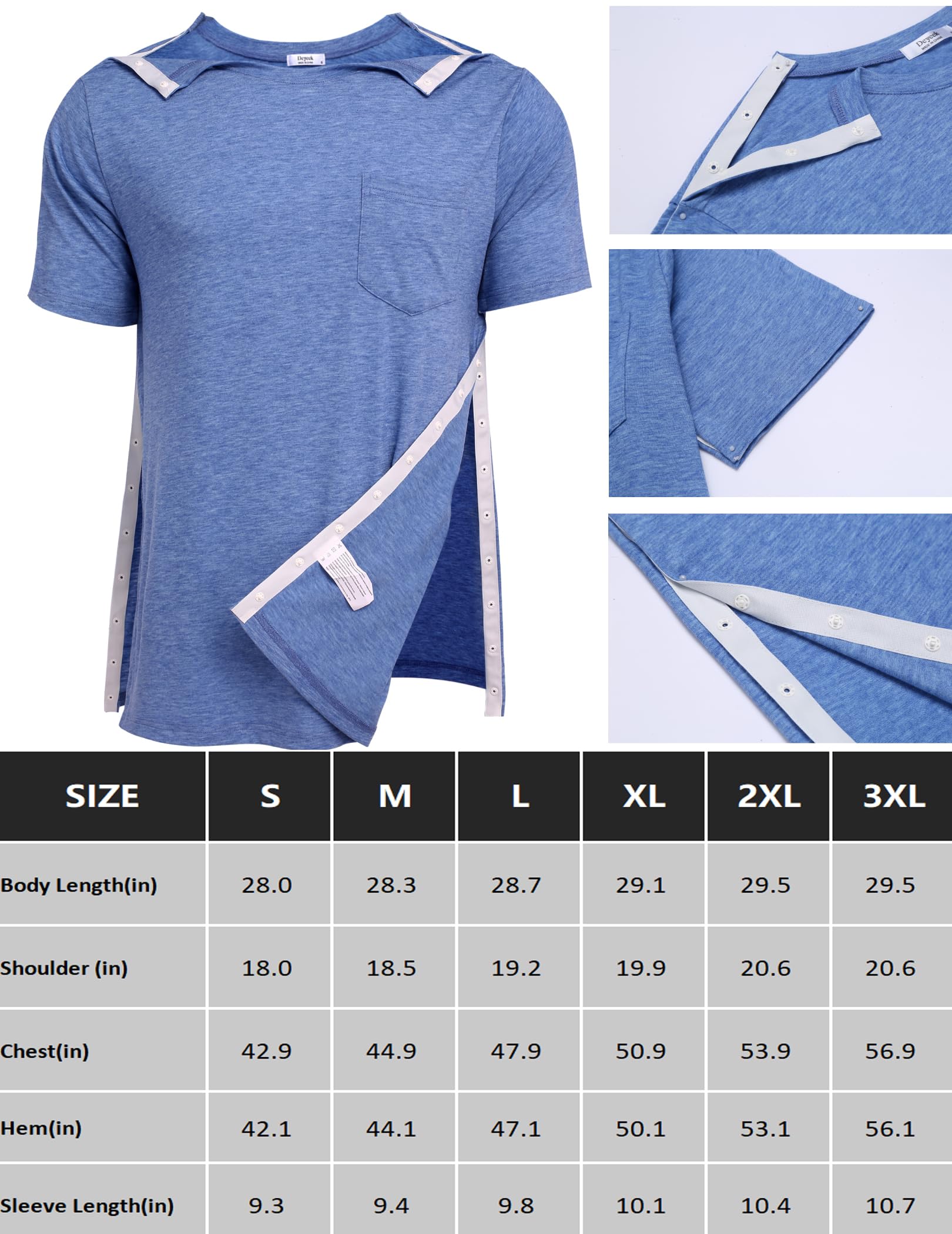 Deyeek Men's Post Shoulder Surgery Shirts Recovery Tear Away Short Sleeve Full Open Side Snap Adaptive Chemo Clothing