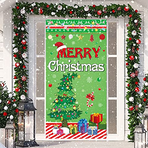Christmas Door Decorations, Large Fabric Merry Christmas Door Banner Cover for Xmas Party, Christmas Photography Backdrop for Winter Door Decor & New Year Party Supplies