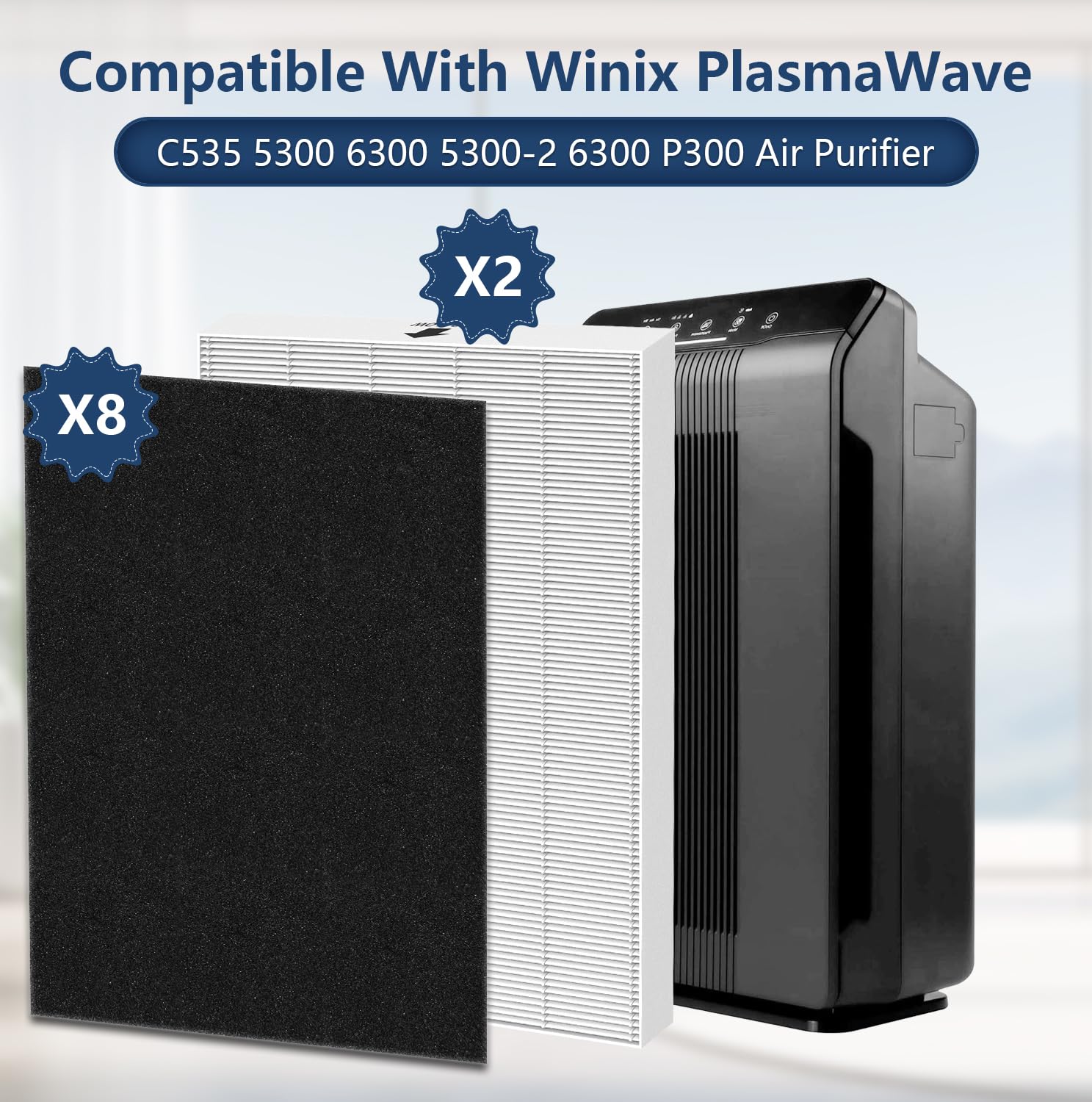115115 Replacement Filter A Size 21 Compatible with Winix PlasmaWave 5300-2, C535, P300, 6300-2, 5300, 9000 Air Purifier, 2 True HEPA Filter 8 Carbon Pre-Filters