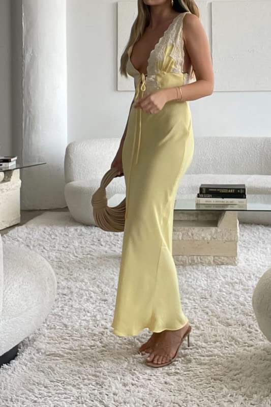 Sexy Lace Trim V Neck Long Dress Mesh Patchwork Going Out Maxi Dresses Backless Slim Fit Casual Night Party Beachwear