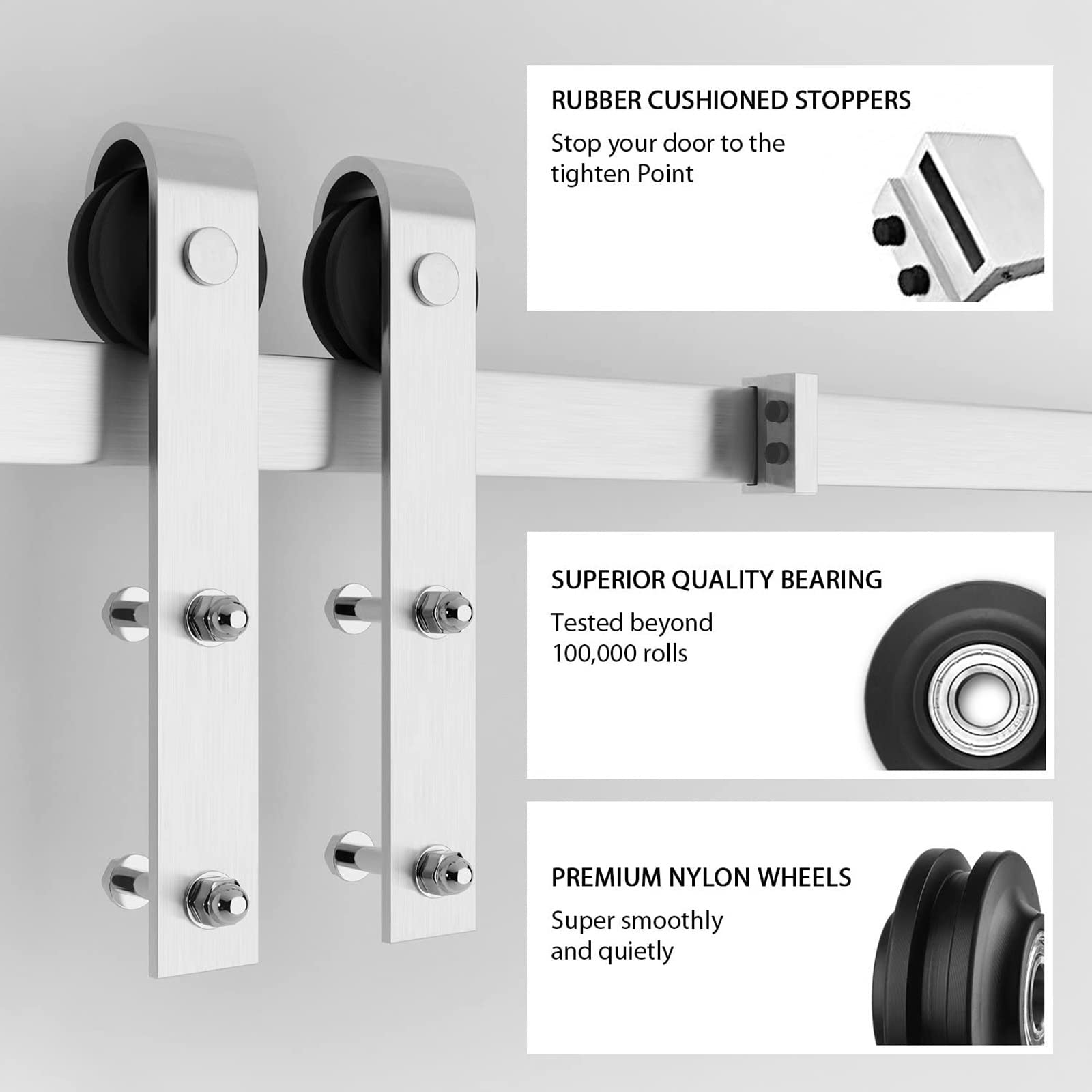 SmartStandard 42 x 84 inch Glass Barn Door with 7FT Brushed Nickel Sliding Hardware Track Kit, Waterproof PVC Coating, White, 5-Panel Glass