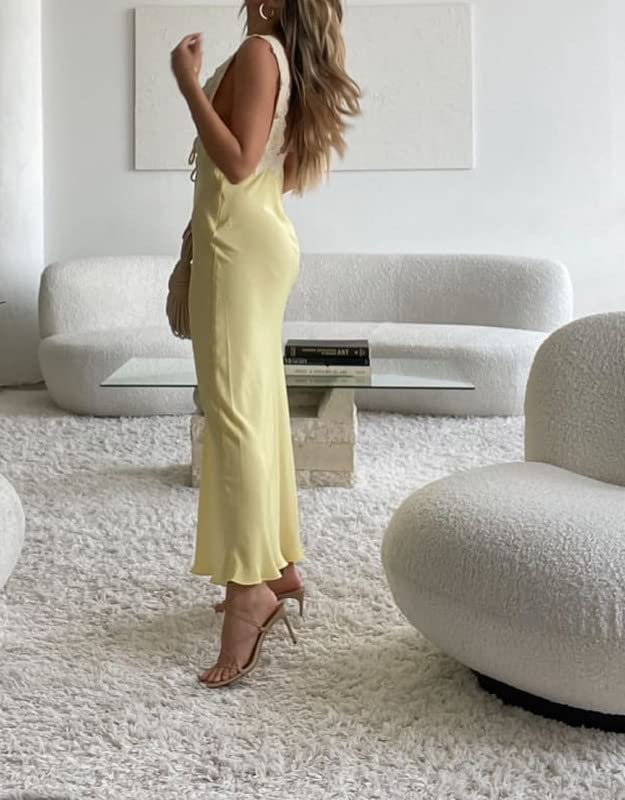 Sexy Lace Trim V Neck Long Dress Mesh Patchwork Going Out Maxi Dresses Backless Slim Fit Casual Night Party Beachwear