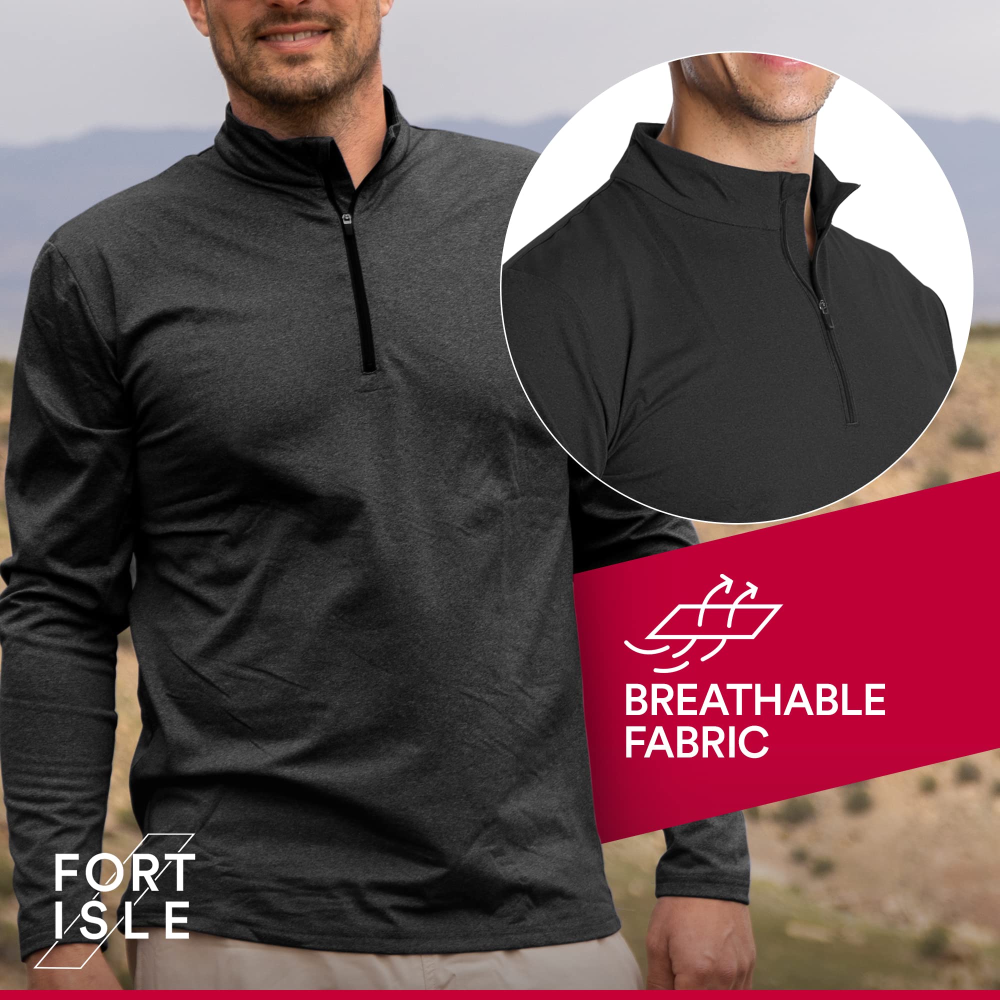 Fort Isle Mens Quarter Zip Long Sleeve Pullover Shirt - 1/4 Zip Pullover Mens | Performance Quarter Zip Pullover Men Dark Gray