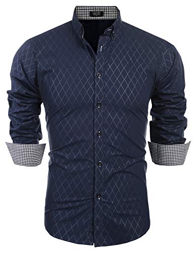 COOFANDY Mens Shirt Slim Fit Dress Business Plaid Button Down Collar, Navy Blue, Large, Long Sleeve