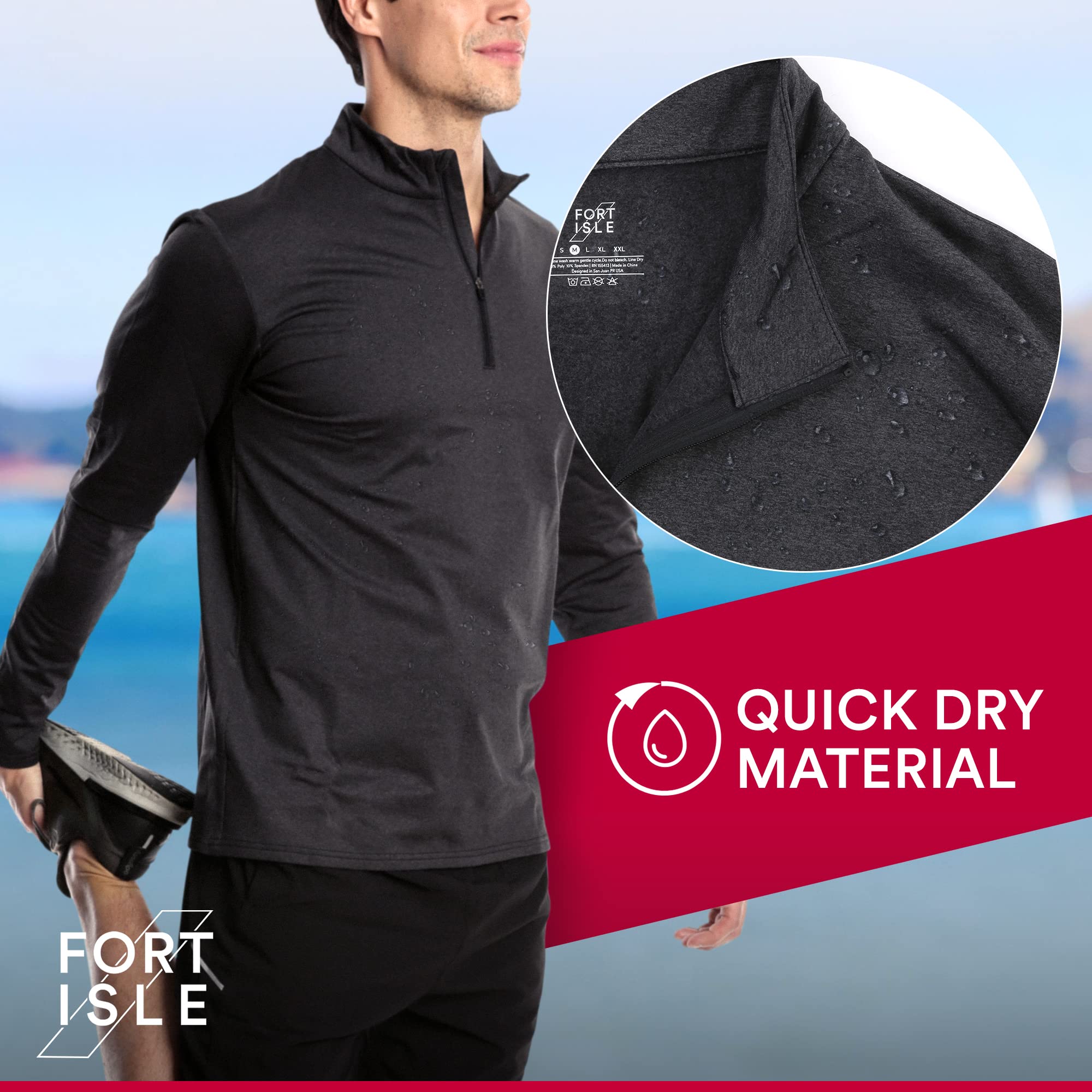 Fort Isle Mens Quarter Zip Long Sleeve Pullover Shirt - 1/4 Zip Pullover Mens | Performance Quarter Zip Pullover Men Dark Gray