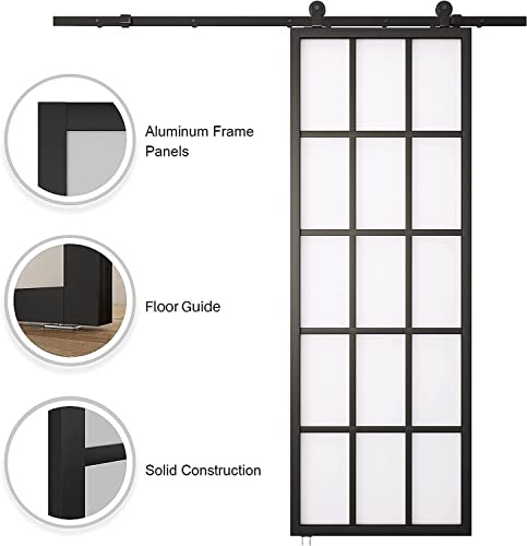 BARNSMITH 30in x 84in Frosted Glass Barn Door with 6FT Top Mounted Hardware kit Include Soft Close Mechanism DIY 15 Lites Modern Aluminum Frame Glass Sliding Barn Door Disassembled Easy Installation