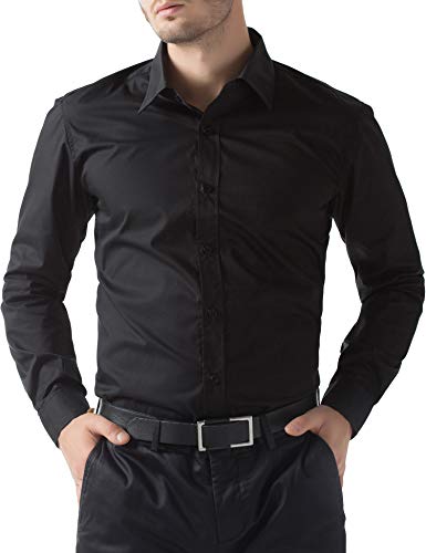 PJ PAUL JONES Men's Black Long Sleeve Button Down Dress Shirts Designer Slim Fit Dress Shirts Office Wear (Black,L)