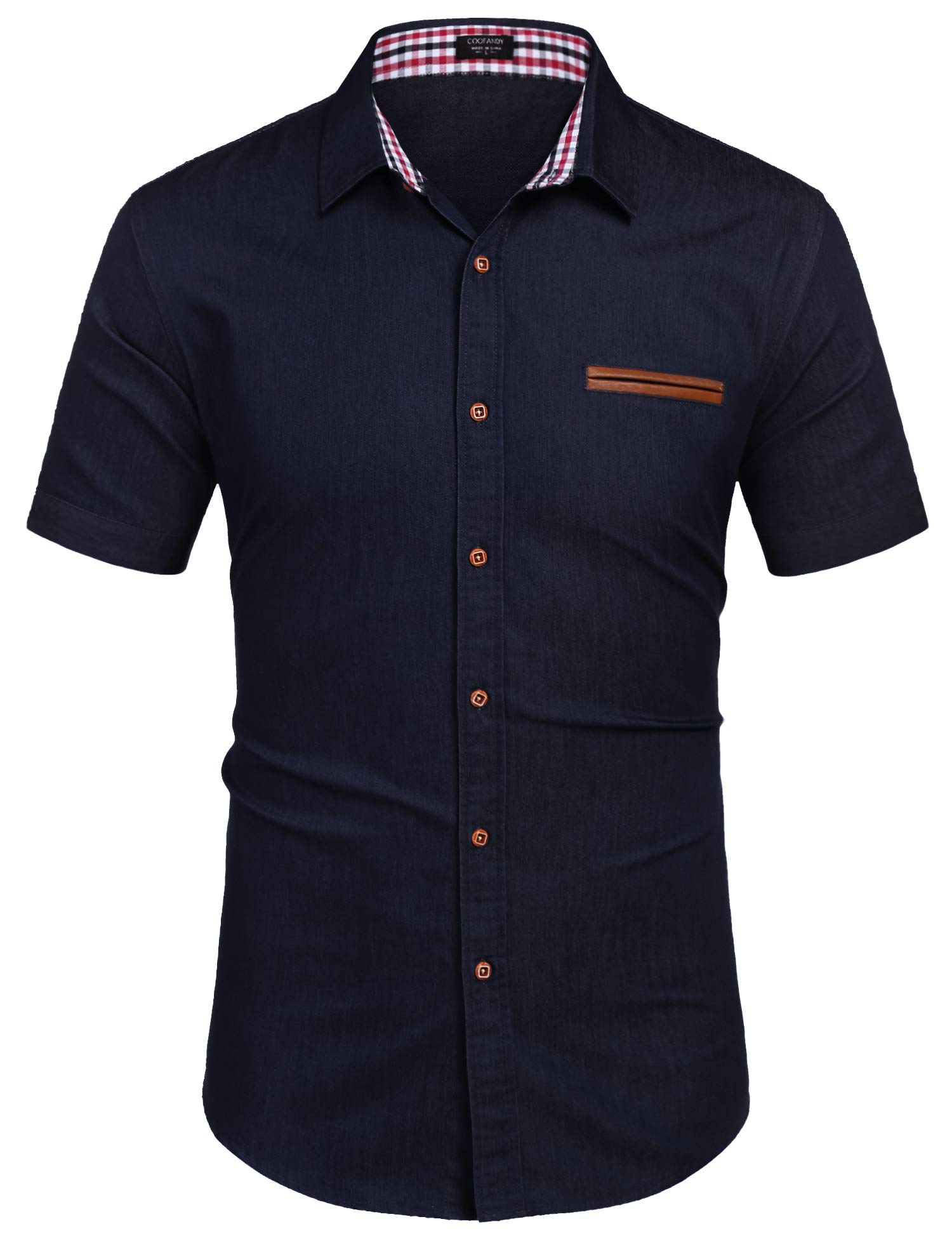 COOFANDY Mens Slim Fit Short Sleeve Button Down Shirts Summer Denim Shirt, Navy Blue, X-Large