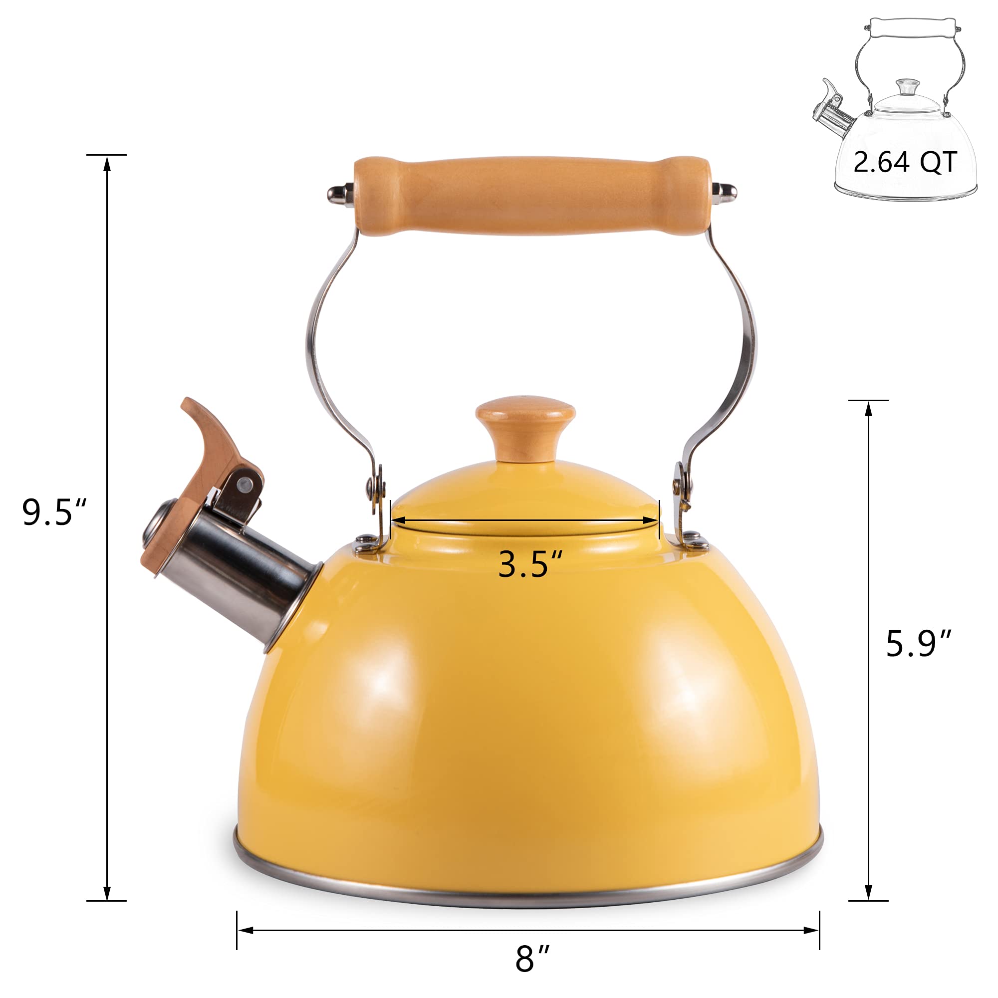 ROCKURWOK Tea Kettle, Tea Pot with Cool Touch Ergonomic Handle, Teapot Food Grade Stainless Steel, Tea Kettle Stovetop, Kettle Teapot, Whistling Tea Kettle, Tea Kettle Pot, 2.7 Quart (Yellow)