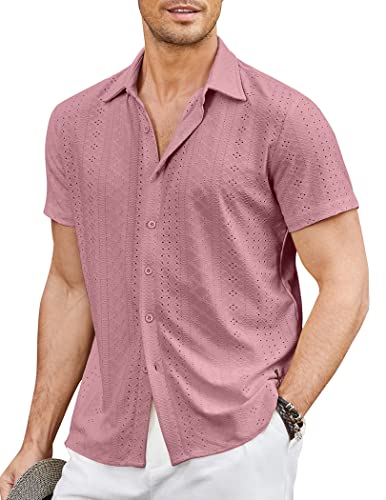 COOFANDY Mens Button Down Beach Shirt Short Sleeve Casual Vacation Shirts Summer Tropical Shirts Tops Dusty Rose