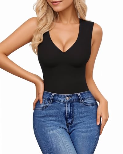 MANGOPOP Double Lined Sleeveless V Neck Tank Tops Fashion Bodysuits for Women