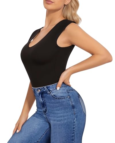 MANGOPOP Double Lined Sleeveless V Neck Tank Tops Fashion Bodysuits for Women