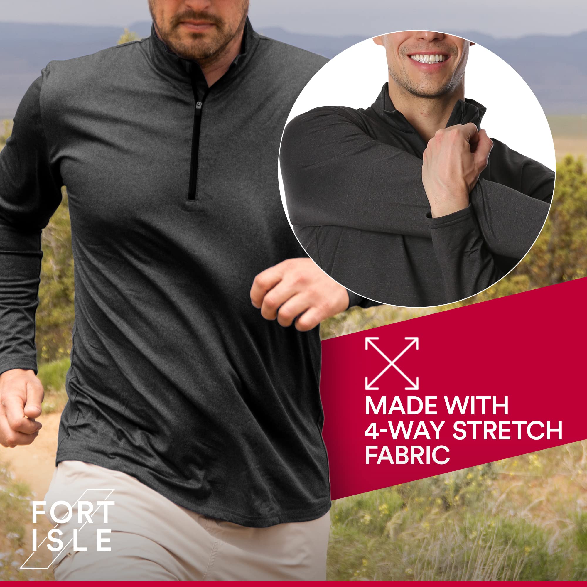 Fort Isle Mens Quarter Zip Long Sleeve Pullover Shirt - 1/4 Zip Pullover Mens | Performance Quarter Zip Pullover Men Dark Gray