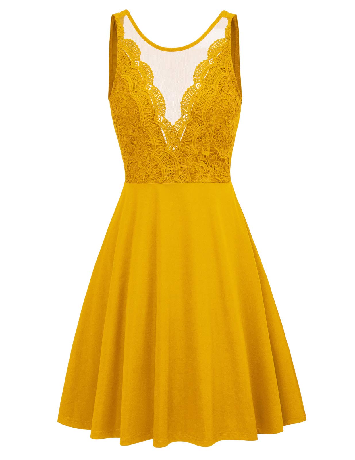 GRACE KARIN Women's Sleeveless Sexy Deep V-Neck Floral Lace A-Line Club Dress L Yellow