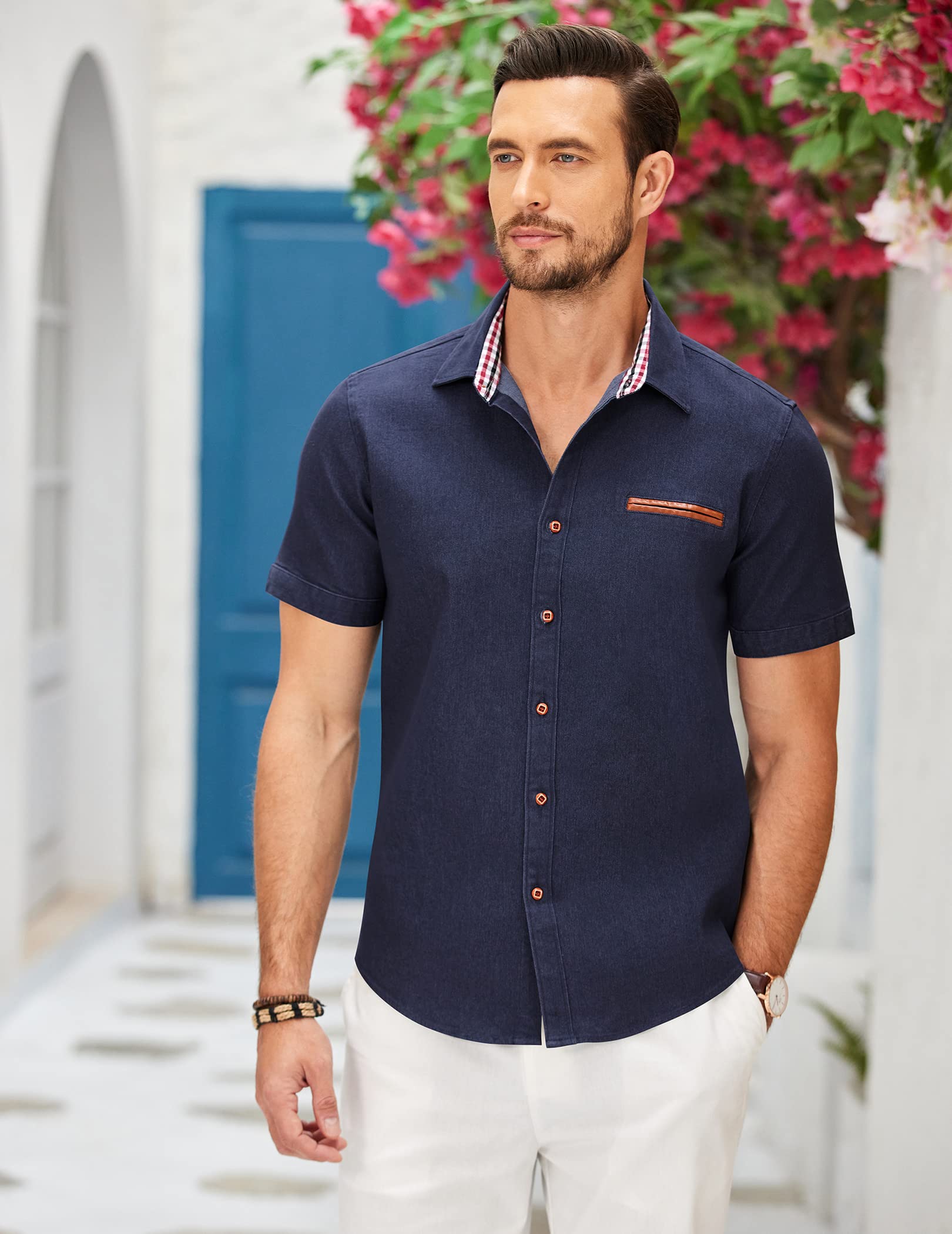COOFANDY Mens Slim Fit Short Sleeve Button Down Shirts Summer Denim Shirt, Navy Blue, X-Large