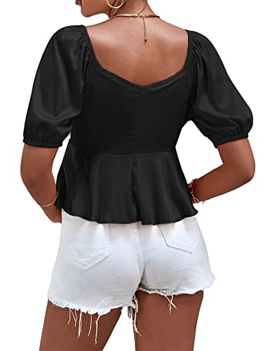 LYANER Women's Satin Deep V Neck Puff Short Sleeve Tie Front Ruffle Hem Blouse Crop Peplum Top Black Medium