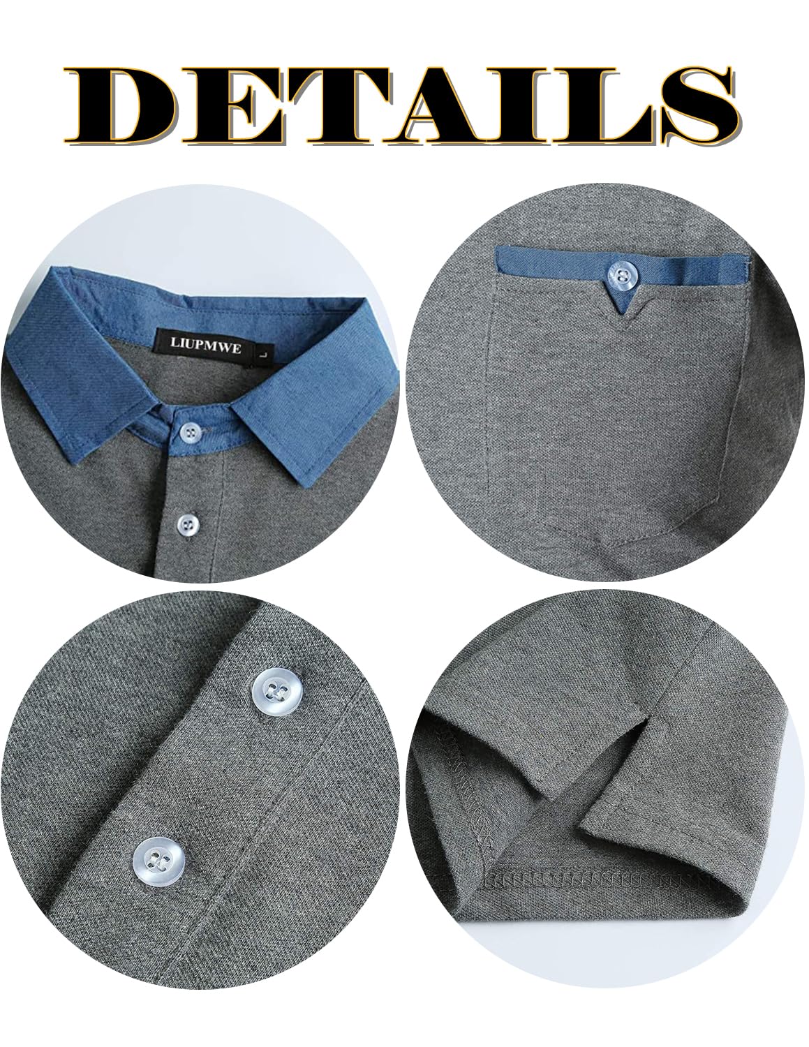 LIUPMWE Long Sleeve Polo Shirts for Men with Pocket Denim Collar Soft Cotton Shirts Golf T-Shirt