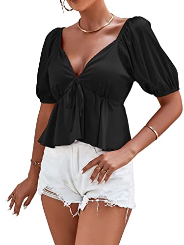 LYANER Women's Satin Deep V Neck Puff Short Sleeve Tie Front Ruffle Hem Blouse Crop Peplum Top Black Medium