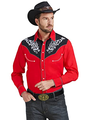JoZorro Men's Long Sleeve Pearl Snap Shirt Cowboy Cut Western Embroidered Casual Button Down Shirt