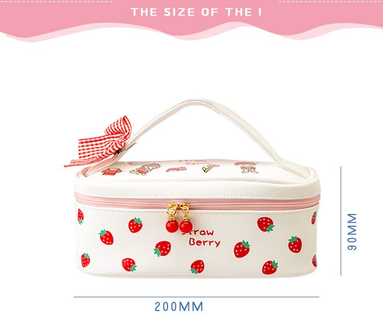 Cute Strawberry Printed Large Capacity Pencil Case Japanese Corduroy Pen Holder Kawaii Stationery Pouch Makeup Cosmetics Bag for Back to Scool Students (Heart)