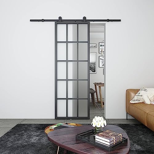 BARNSMITH 30in x 84in Frosted Glass Barn Door with 6FT Top Mounted Hardware kit Include Soft Close Mechanism DIY 15 Lites Modern Aluminum Frame Glass Sliding Barn Door Disassembled Easy Installation