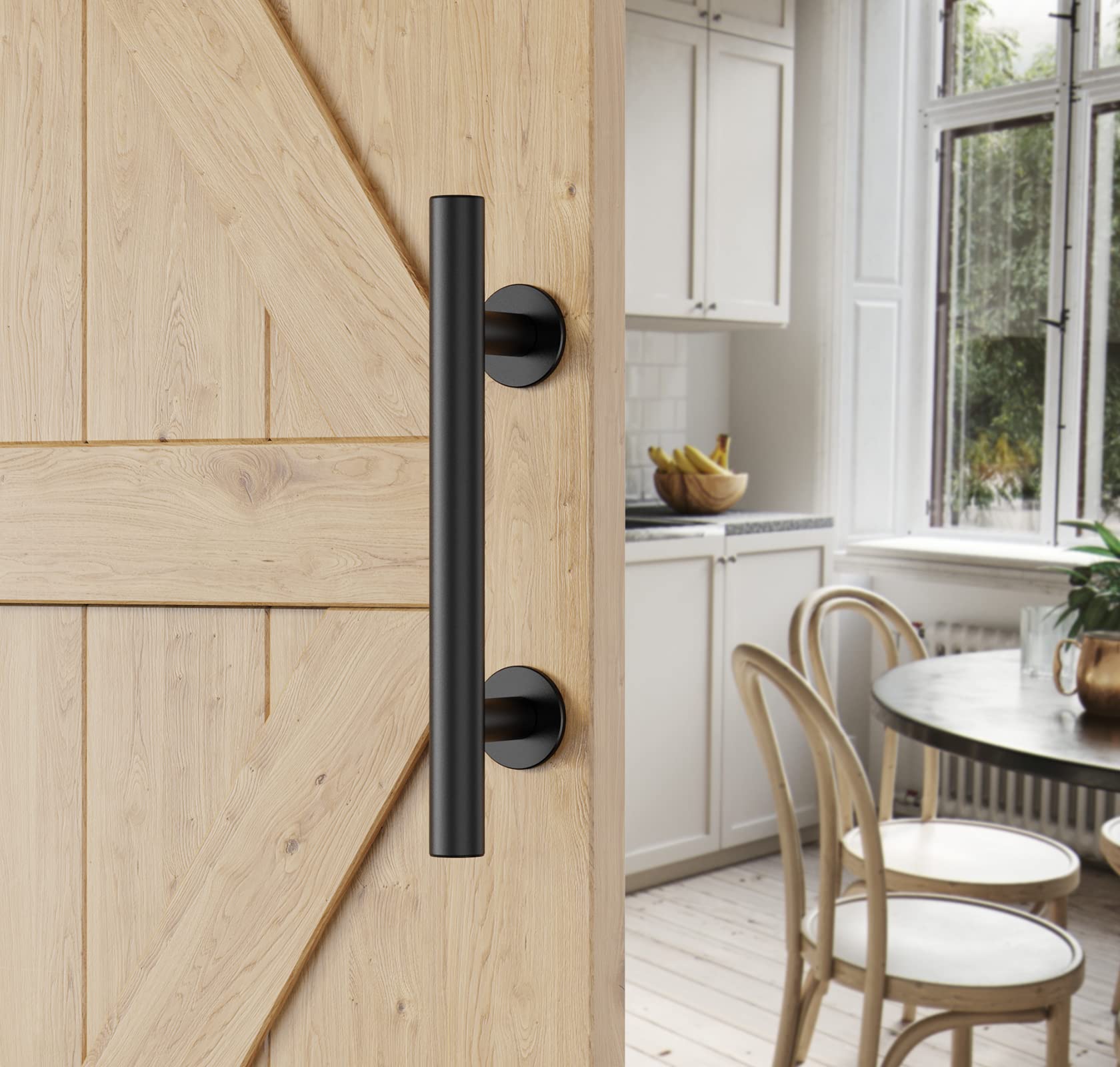 HomLxclx 12" Sliding Barn Door Handle Pull and Flush Hardware Set, Black Powder Coated Finish Round Shape,Heavy Duty Barn Door Handles-Fit 1 3/8-1 3/4" Thickness Door Panel, Easy to Install1