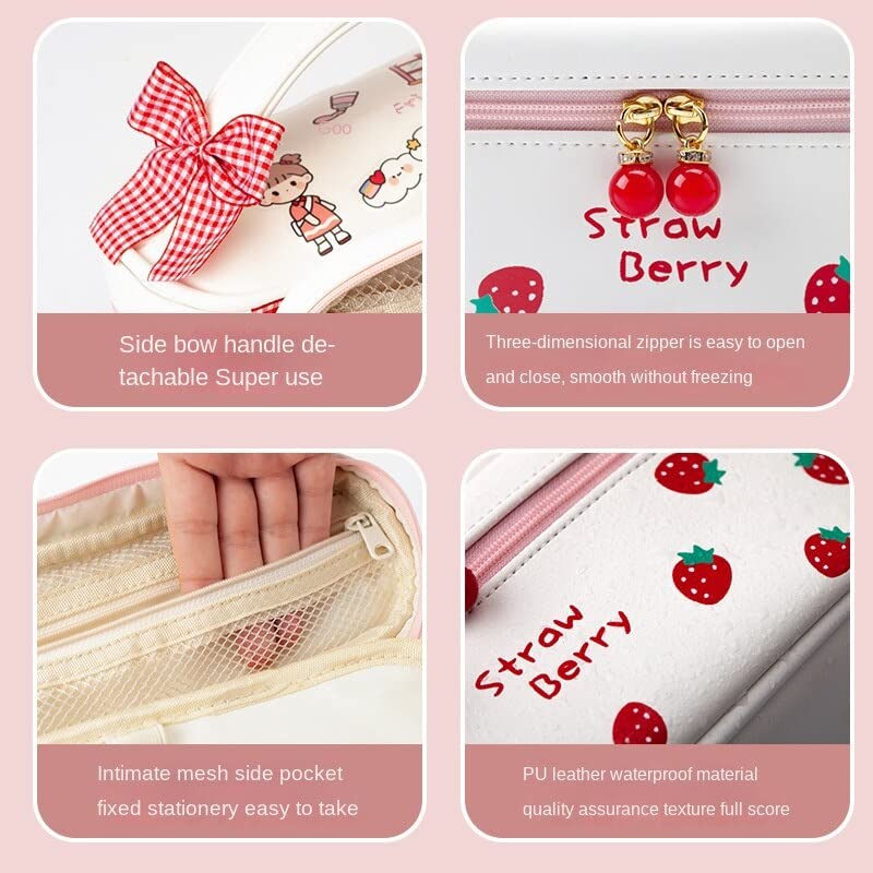 Cute Strawberry Printed Large Capacity Pencil Case Japanese Corduroy Pen Holder Kawaii Stationery Pouch Makeup Cosmetics Bag for Back to Scool Students (Heart)