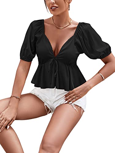 LYANER Women's Satin Deep V Neck Puff Short Sleeve Tie Front Ruffle Hem Blouse Crop Peplum Top Black Medium