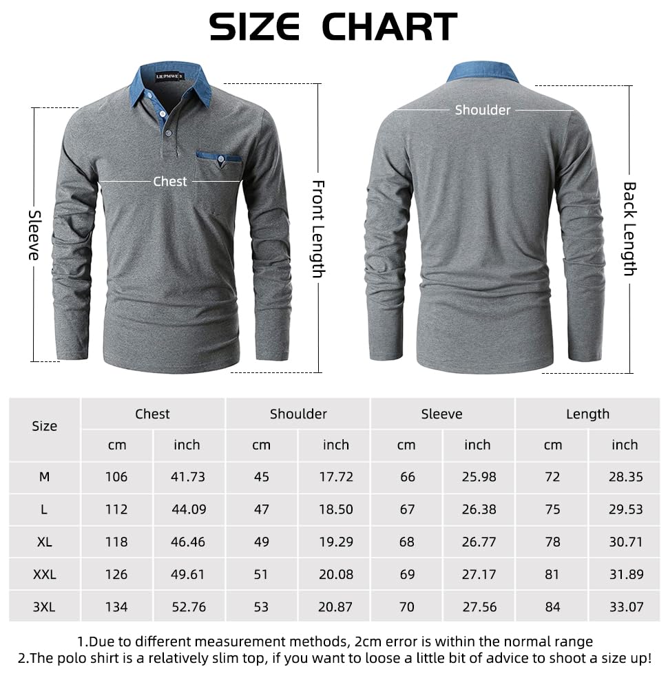 LIUPMWE Long Sleeve Polo Shirts for Men with Pocket Denim Collar Soft Cotton Shirts Golf T-Shirt