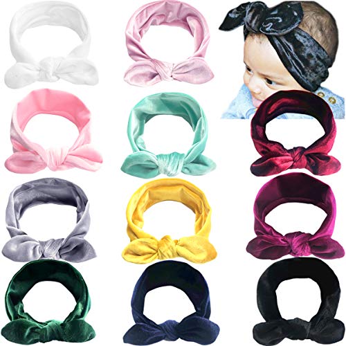 11 Pack Velvet Baby Girl Headbands with Hair Bows Knotted Headwraps 5" Bow Hair Bands for Babies Infant Newborn Kids