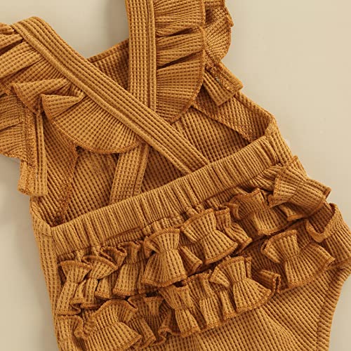 Baby Girl Bubble Romper Oversized Onesie Halter Overall Ruffle Jumpsuit Boho Summer Clothes Cute Outfit (SA Waffle Boho Rainbow Caramel, 0-3 Months)