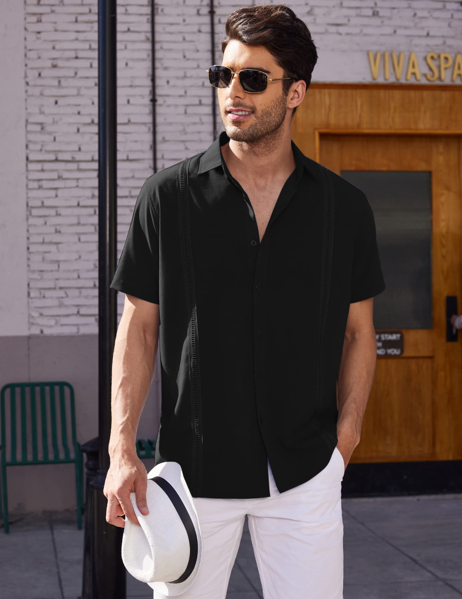 COOFANDY Men's Casual Button Down Shirts Short Sleeve Cotton Tops Resort Wear Summer Beach Shirt A-Black