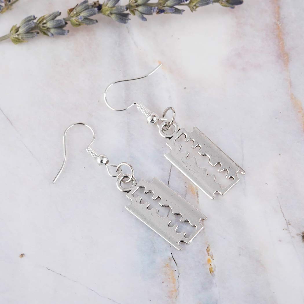 Punk Razor Blade Dangle Earrings & Necklace Jewelry Set for Womens Gothic Silver Hook Geometric Jewelry