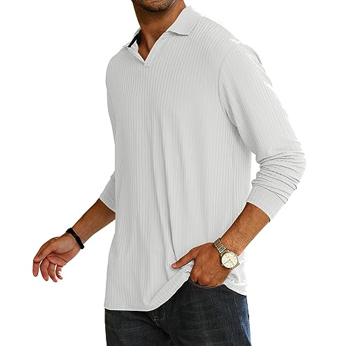 Lexiart Mens V Neck Polo Shirts Casual Long Sleeve Slim Fit Golf T-Shirts Cotton Top Tees White