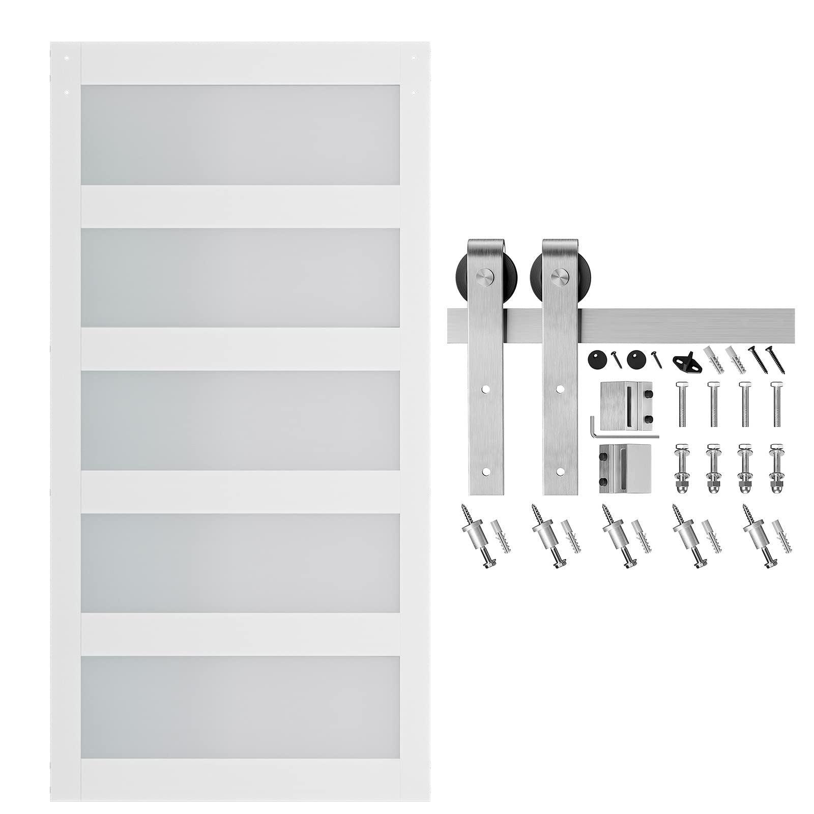 SmartStandard 42 x 84 inch Glass Barn Door with 7FT Brushed Nickel Sliding Hardware Track Kit, Waterproof PVC Coating, White, 5-Panel Glass