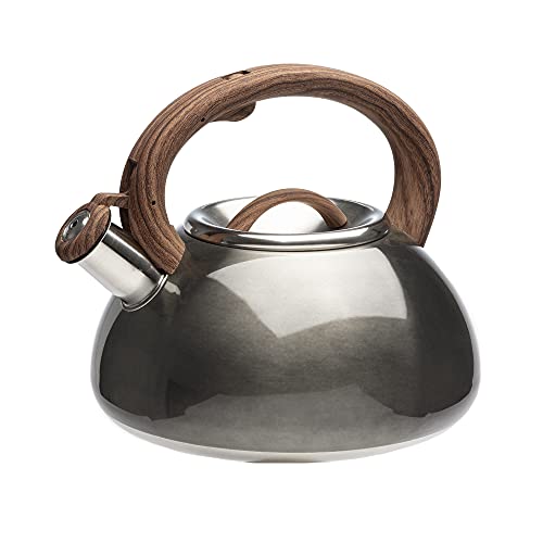 Primula Avalon Whistling Stovetop Tea Kettle, Food Grade Stainless Steel Wide Mouth, Fast to Boil, Cool Touch Handle, 2.5-Quart, Gunmetal Grey and Wood-Look