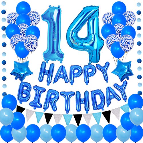 Succris 14TH Blue Theme for 14 Years Old Birthday Party Supplies Blue Happy Birthday Banner Blue Circle Dots Garland Paper Hanging Triangle Flag Banner Confetti balloons Number 14 Blue