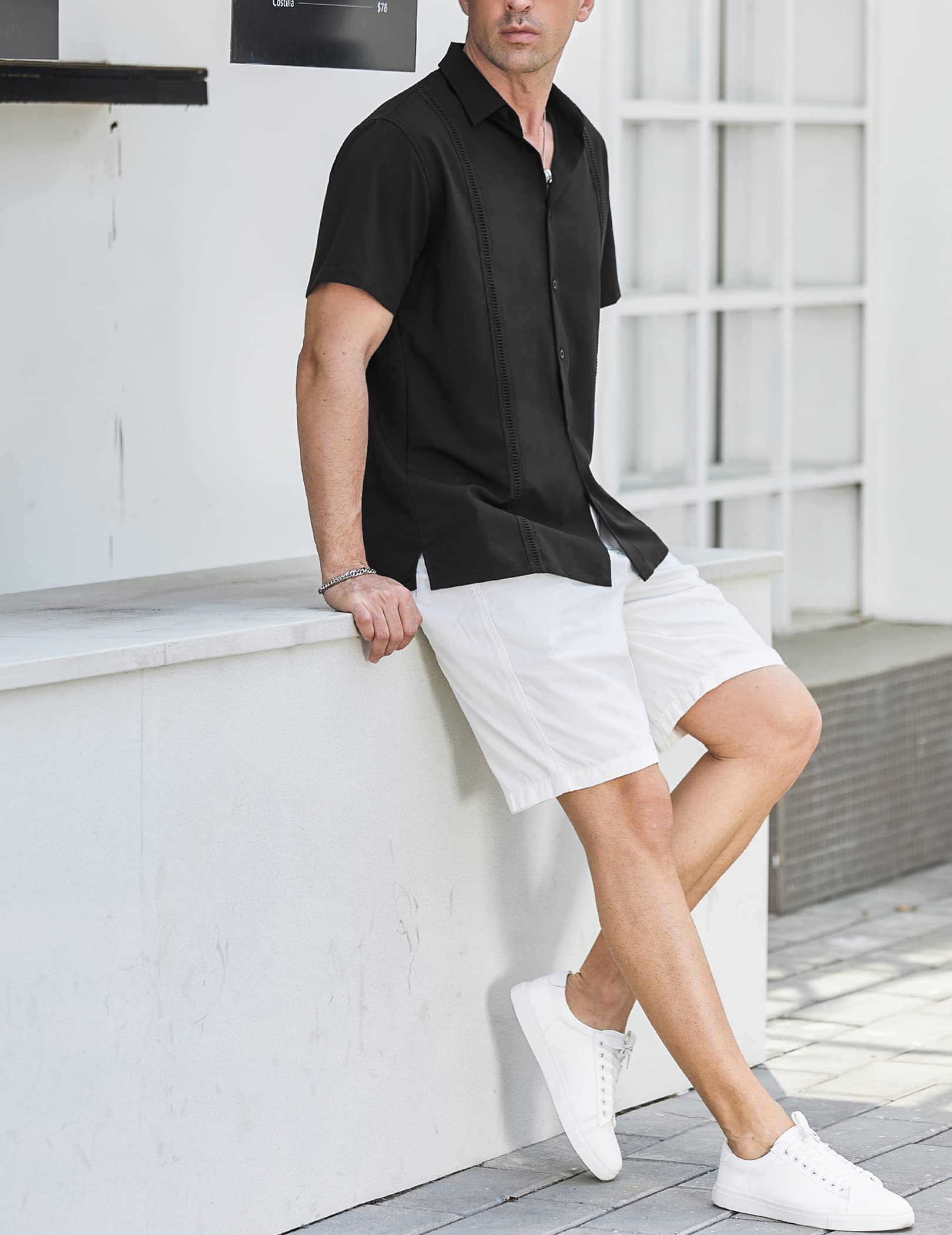 COOFANDY Men's Casual Button Down Shirts Short Sleeve Cotton Tops Resort Wear Summer Beach Shirt A-Black