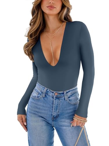 REORIA Womens Sexy Casual One Piece Bodysuit Jumpsuit Y2k Fashion Deep V Neck Long Sleeve Bodycon Tops Star Blue XX-Large