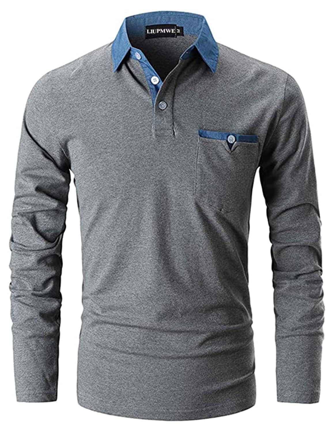 LIUPMWE Long Sleeve Polo Shirts for Men with Pocket Denim Collar Soft Cotton Shirts Golf T-Shirt