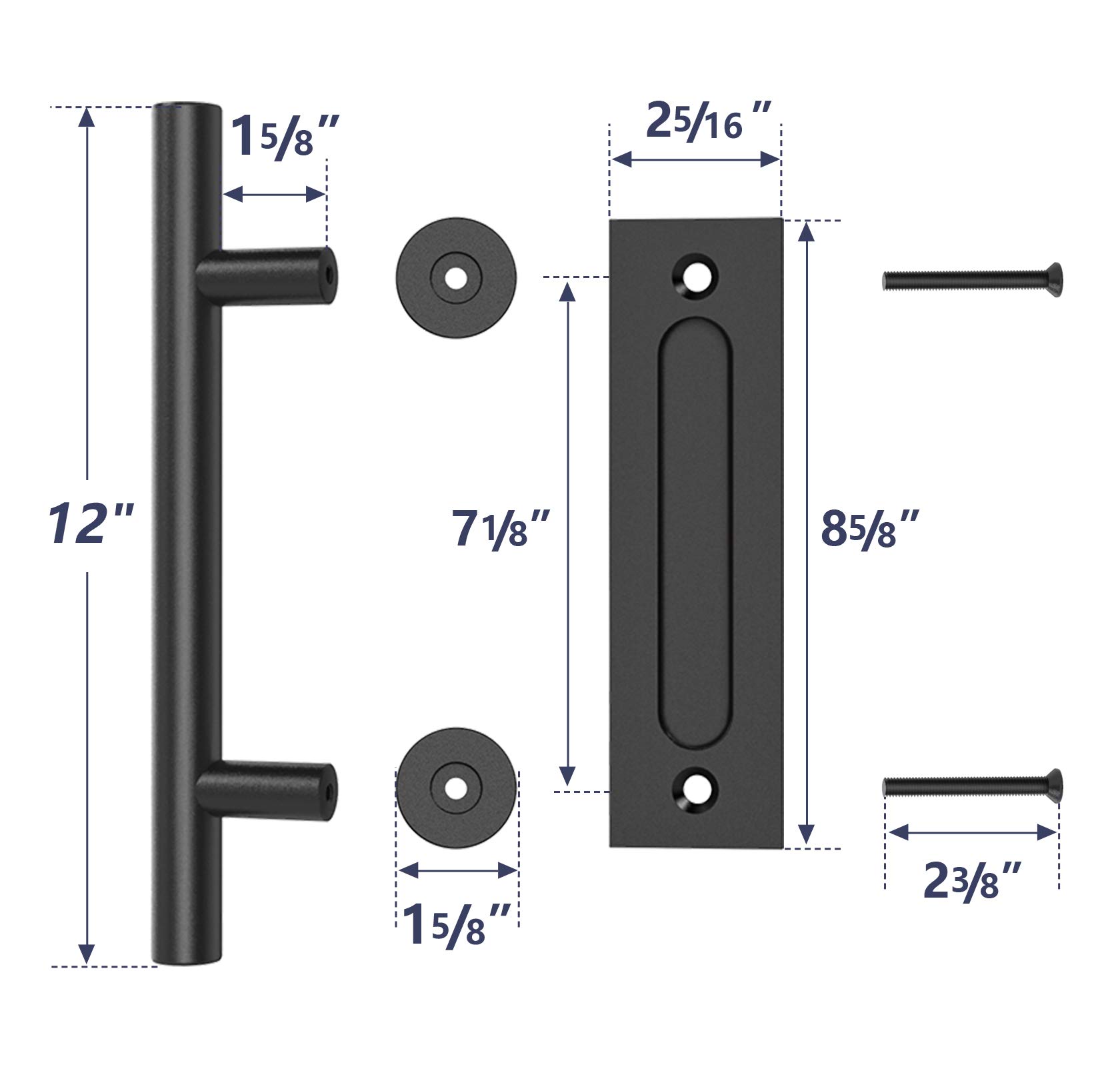 HomLxclx 12" Sliding Barn Door Handle Pull and Flush Hardware Set, Black Powder Coated Finish Round Shape,Heavy Duty Barn Door Handles-Fit 1 3/8-1 3/4" Thickness Door Panel, Easy to Install1