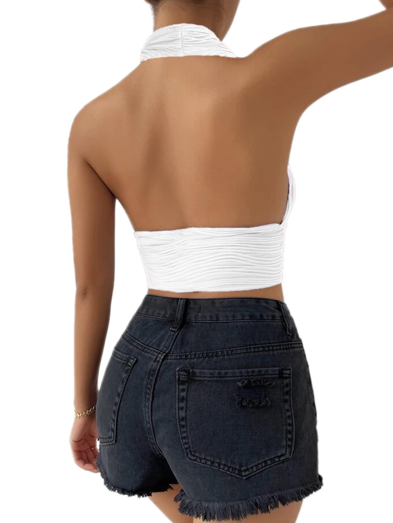 SOFIA'S CHOICE Women's Textured Deep V Neck Halter Tops Sexy Backless Sleeveless Crop Tank Top Cami White Small